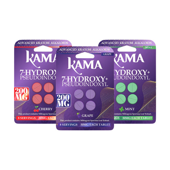 Kama 7-Hydroxy + Pseudo Kratom Tablets 200mg - Pack of 4 / Display of ...